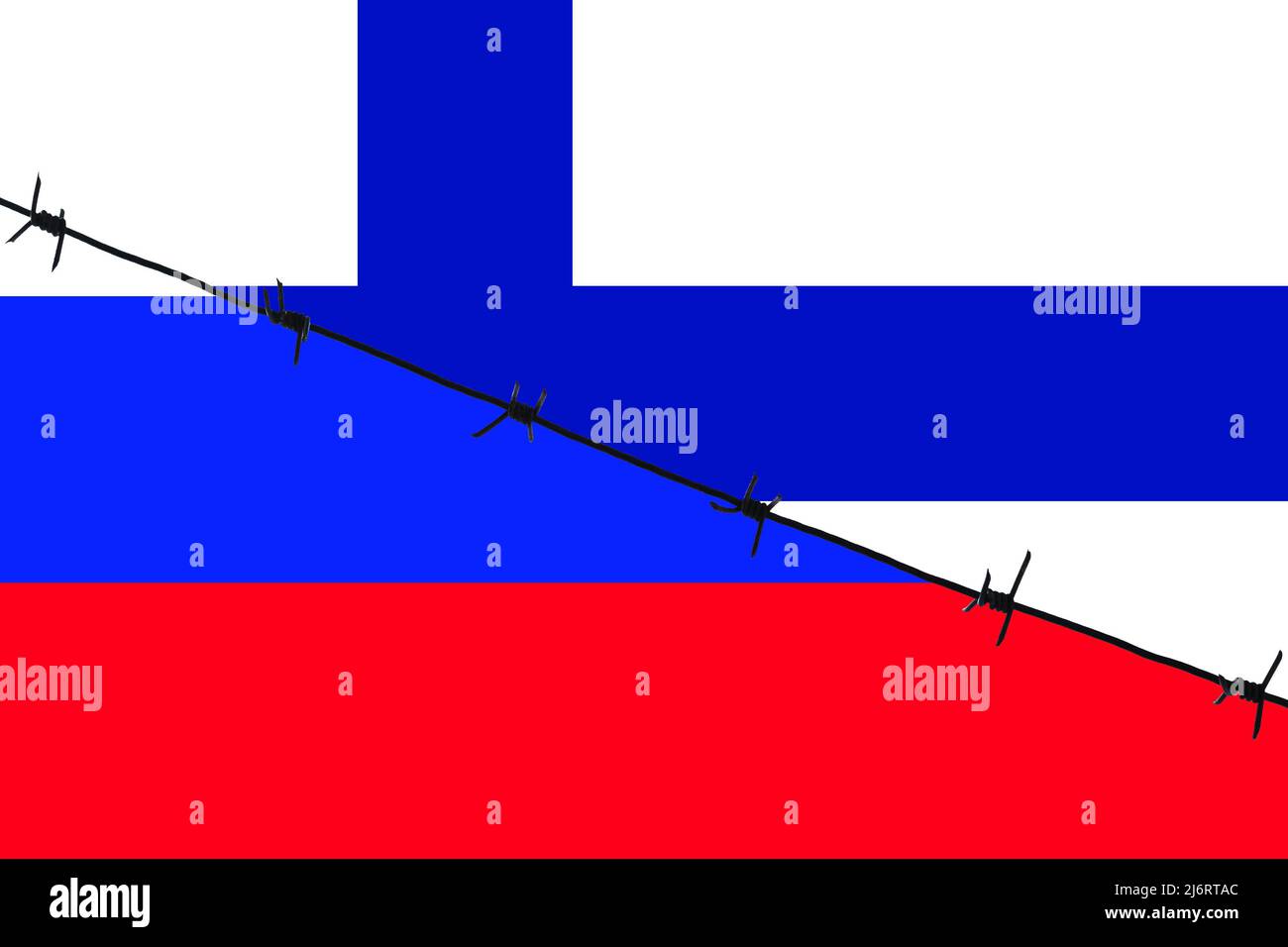Russian and Finnish flags separated by barbed wire. Symbol of the ...