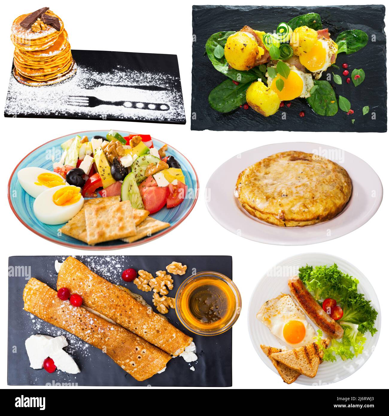 View of many plates with different food over white background Stock ...