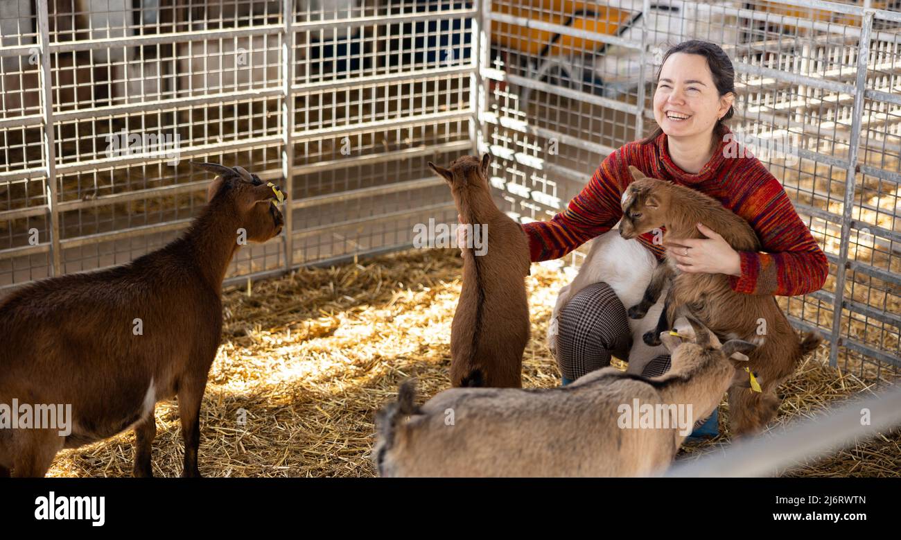 Woman breeder playing with goatlings in barn Stock Photo - Alamy