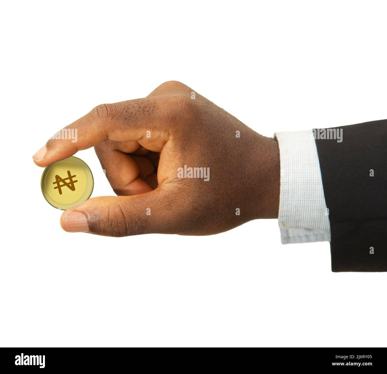 Black Hand in suit holding Nigerian naira coin concept isolated on ...