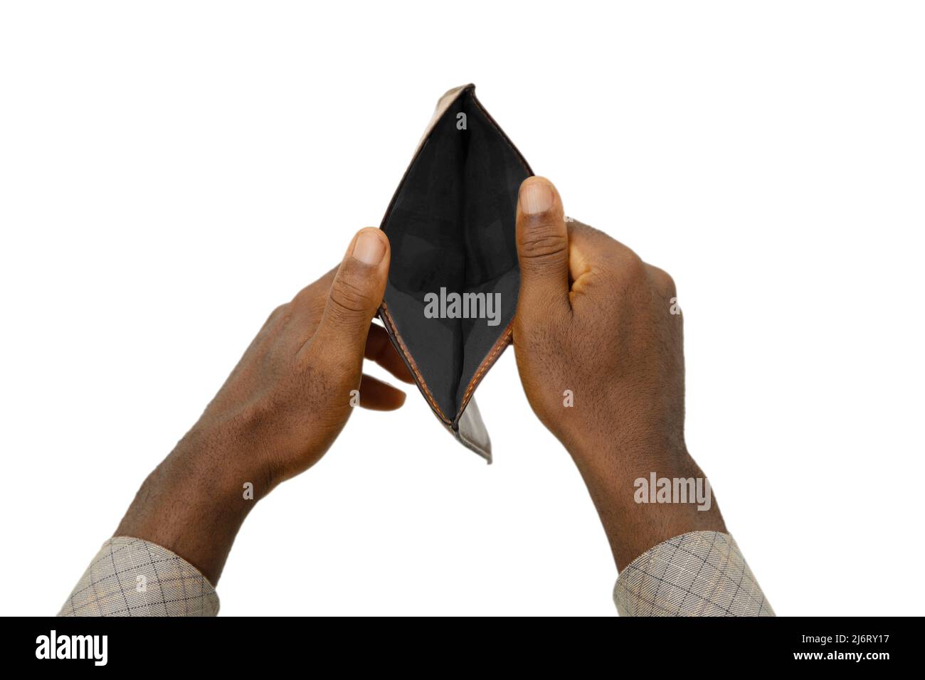 Black hand holding empty wallet isolated on white background, no money ...