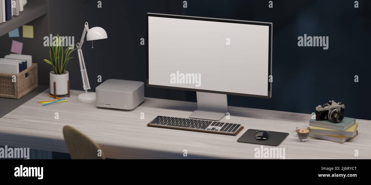 Modern office studio workspace with pc desktop computer mockup and ...
