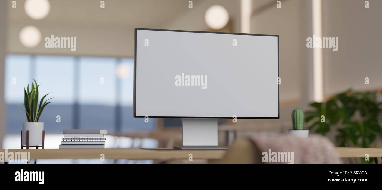 Modern minimal workspace design with pc computer white desktop screen mockup and accessories on ...