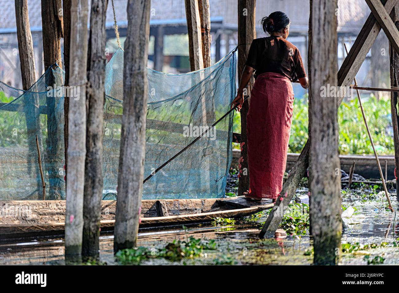 A Myanmar woman paddling her canoe through the village of Pwe Sar Kone ...