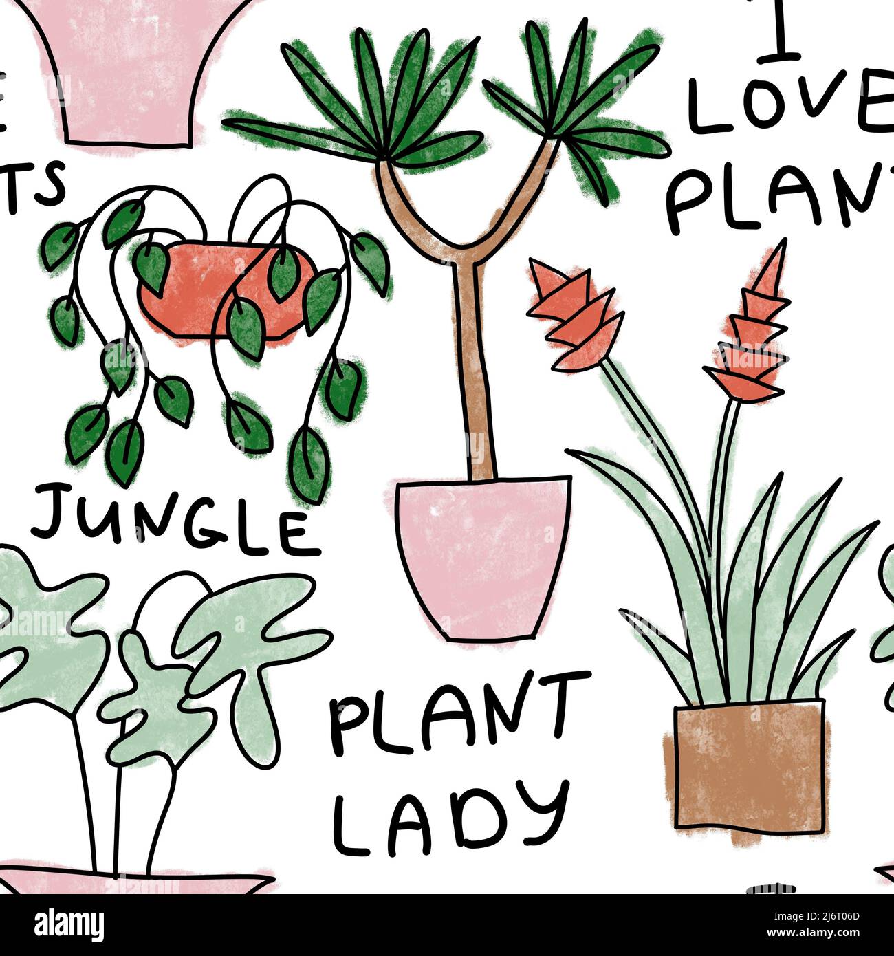 Seamless hand drawn pattern with houseplants, indoor plants flowers in ...