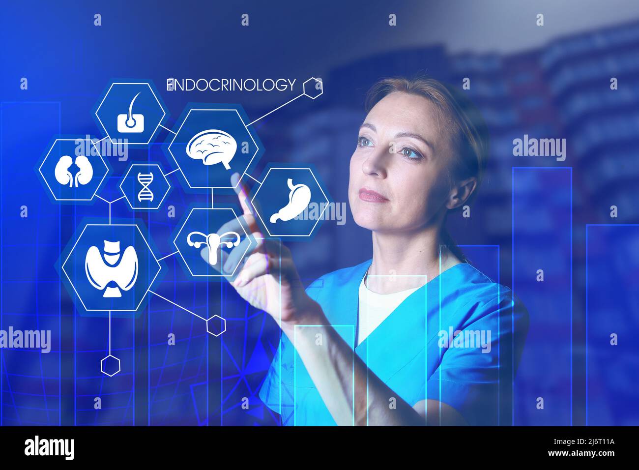 Female endocrinologist using virtual screen on blue background Stock ...