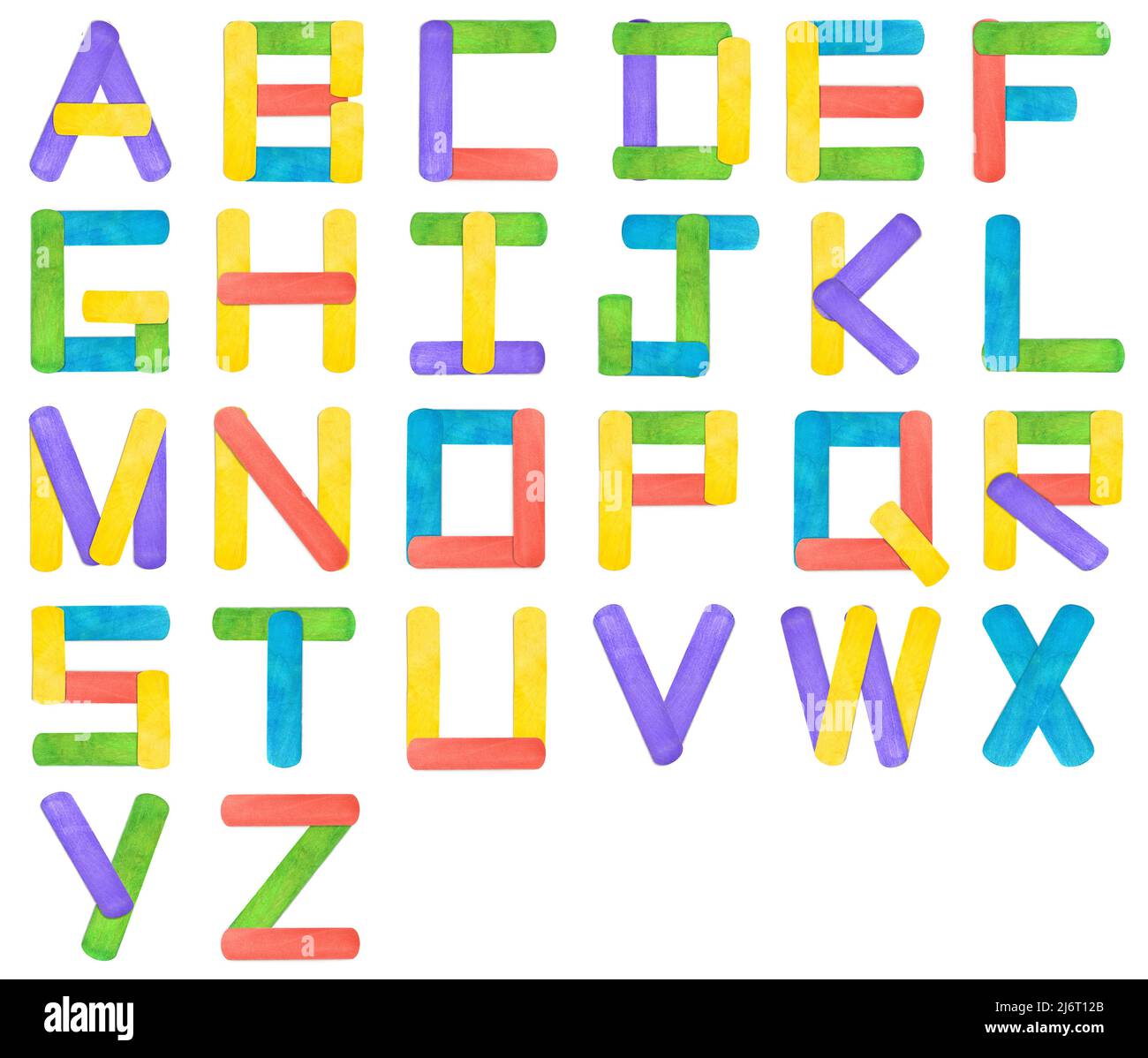 English alphabet made of colorful wooden ice cream sticks on white ...