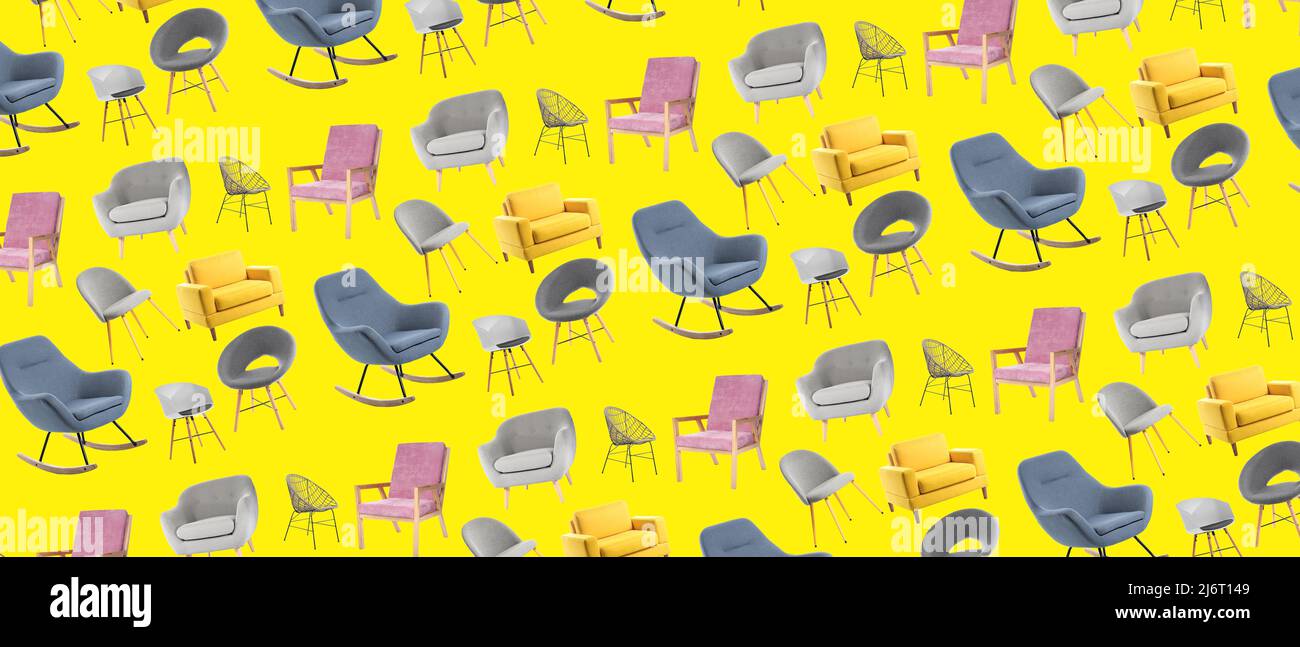 Many modern chairs and armchairs on yellow background. Pattern for ...