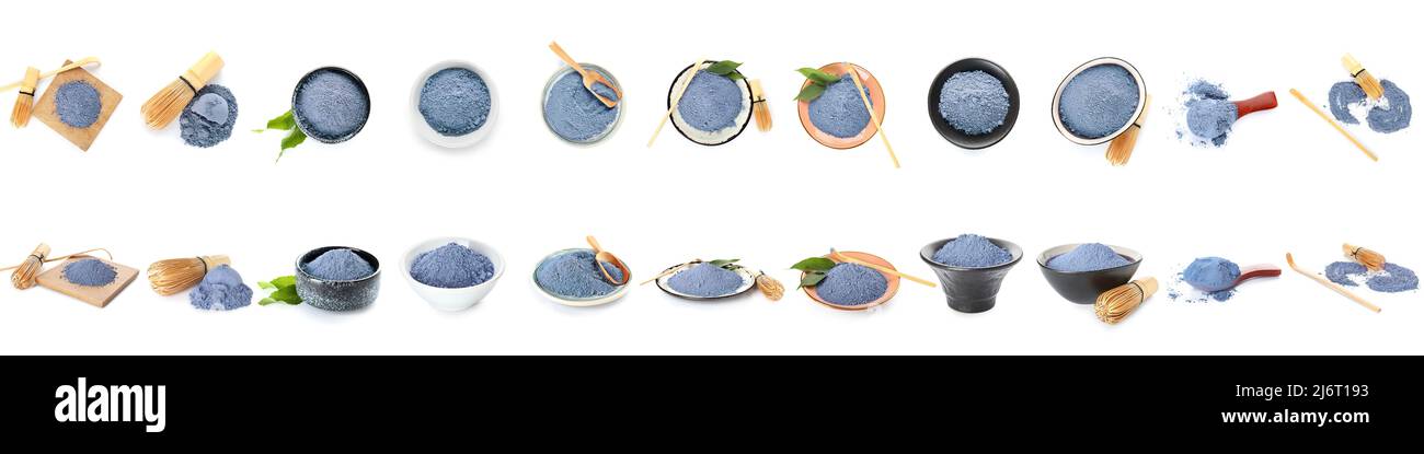 Set of powdered blue matcha tea on white background Stock Photo - Alamy