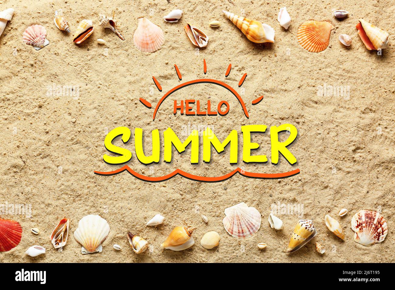 Many different sea shells and text HELLO, SUMMER on beach sand, top ...