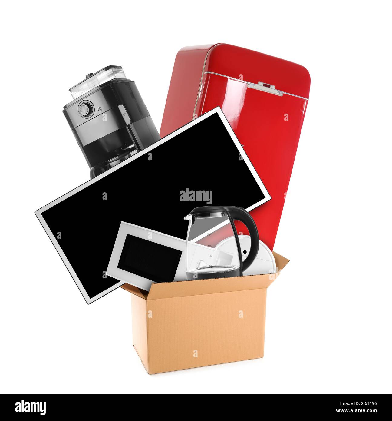 Cardboard box with many household appliances on white background Stock ...