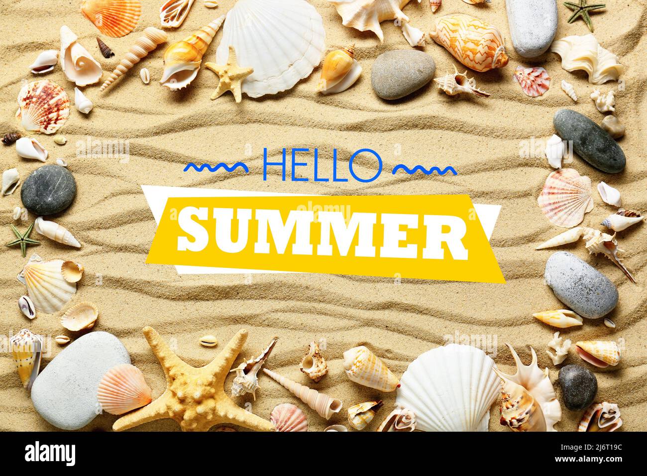 Sea shells and text HELLO, SUMMER on beach sand, top view Stock Photo ...