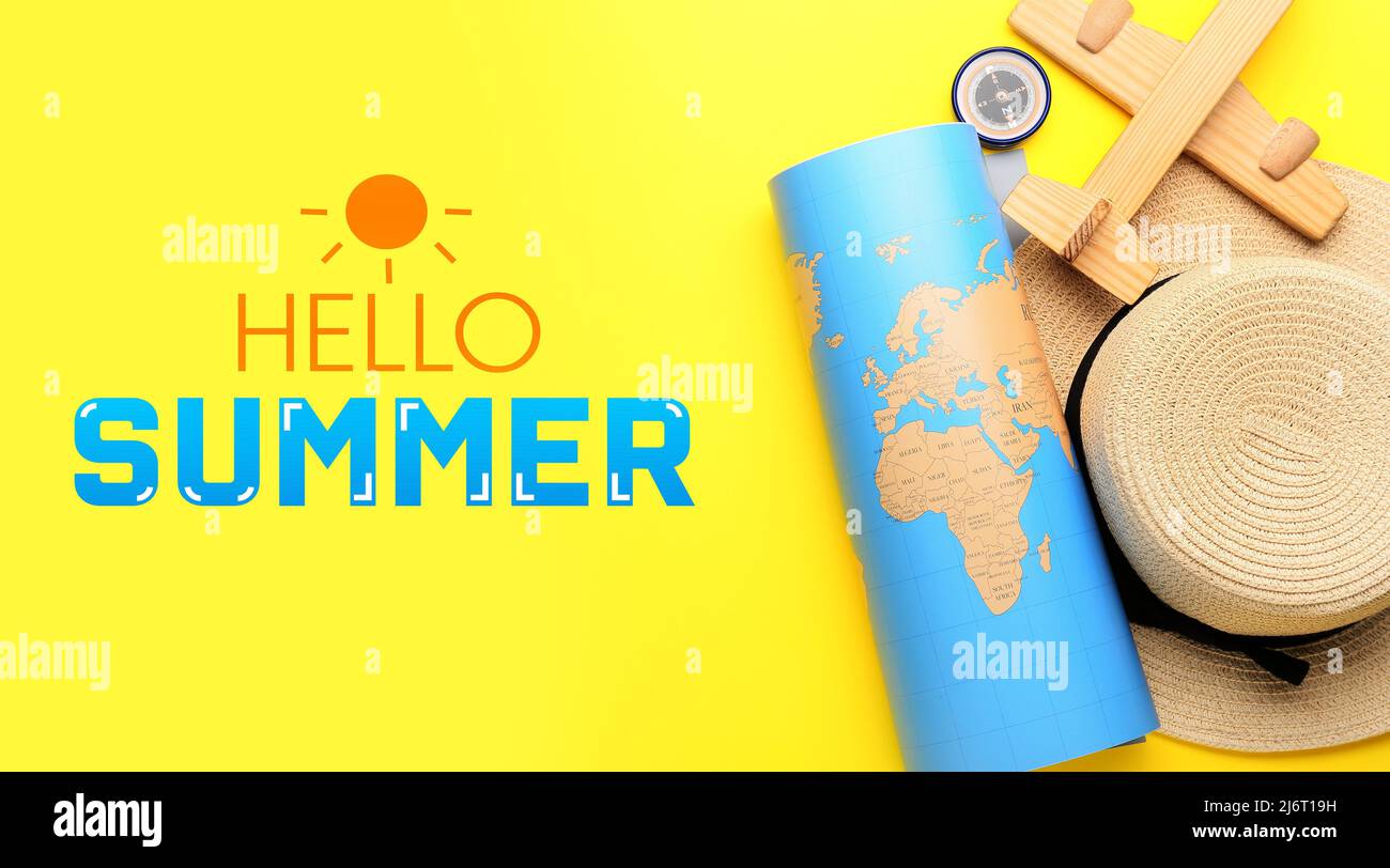 World map, hat, compass and wooden airplane on yellow background. Hello ...