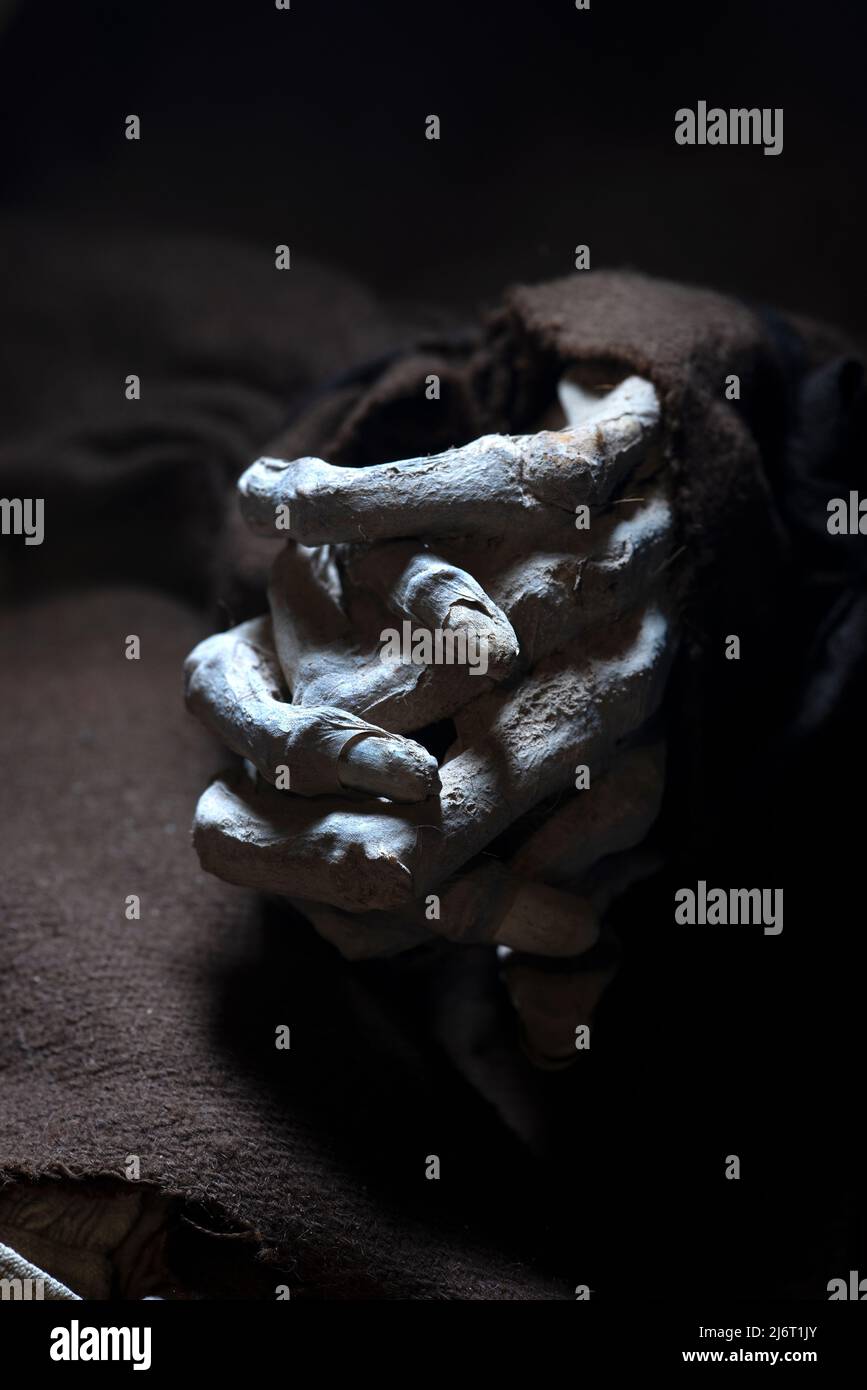 Hands of a mummy at the Museum of the Mummies, Quinto, Spain Stock ...