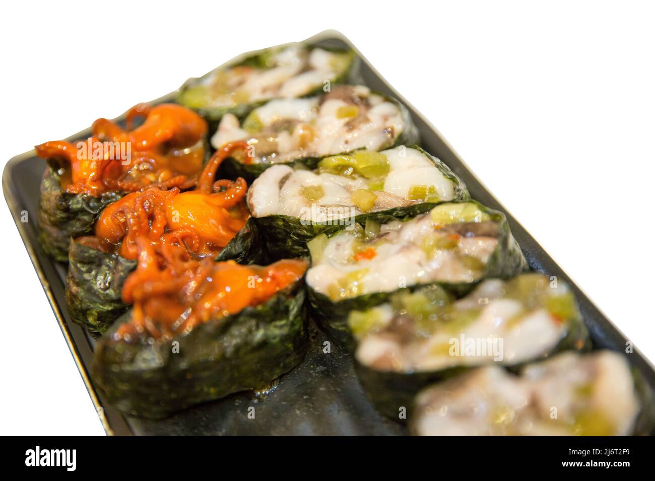 Die cut of japanese food sweet sauce squid sushi on white isolated ...