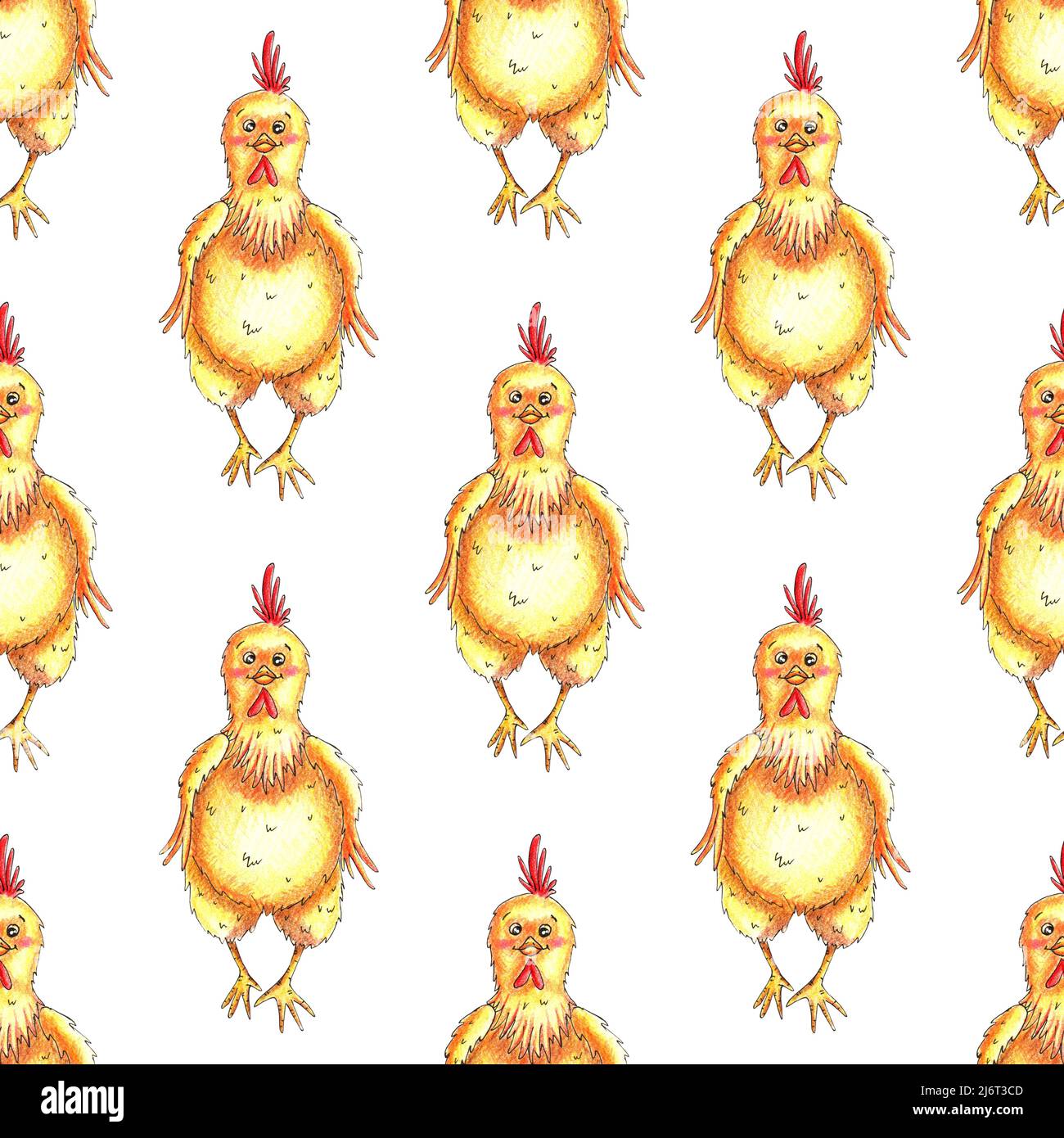 Pattern Yellow funny chicken is drawn with colored pencils. It's ...