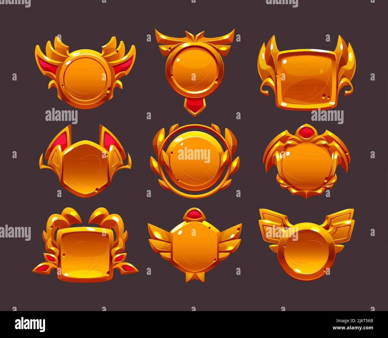 Golden game award badges, level ui icons. Empty gold frames, banners ...