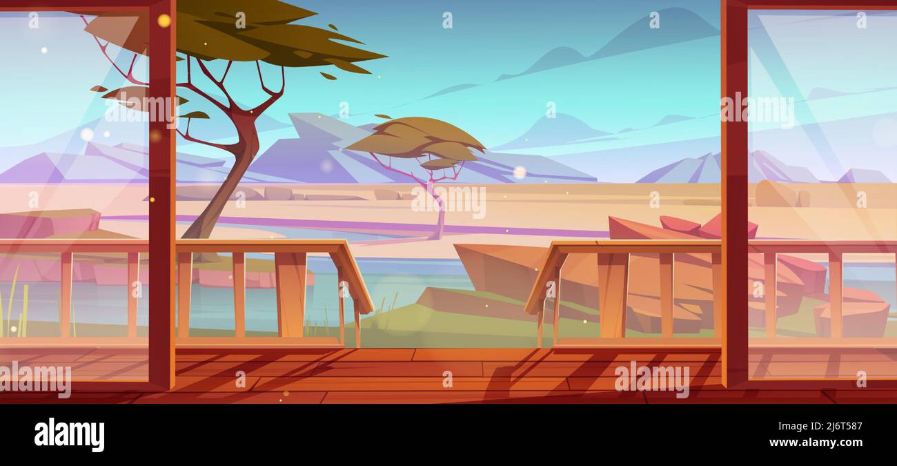 Wooden terrace with view on savanna landscape. Home veranda with wood ...