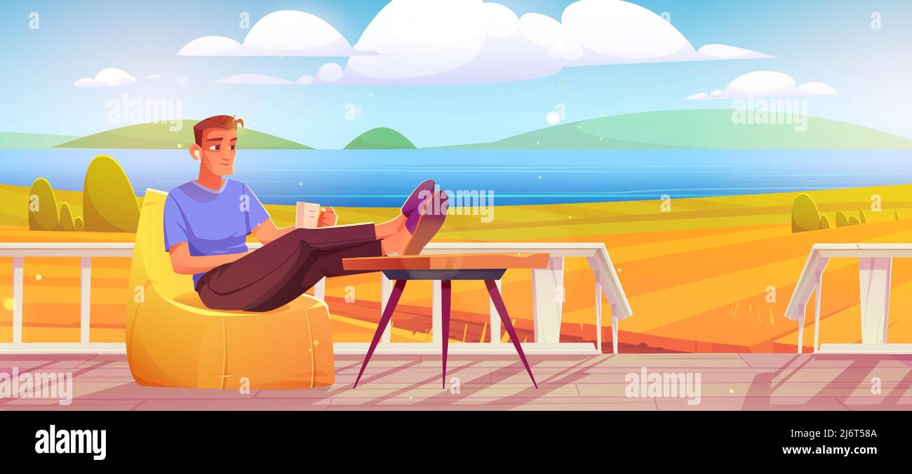 Man with coffee cup relax at outdoor home terrace with beautiful nature ...