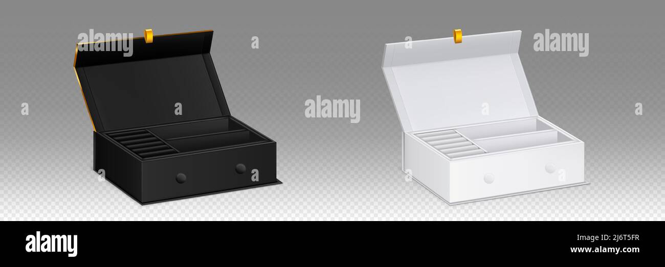 White and black magnet box for jewelry storage. Vector realistic mockup ...