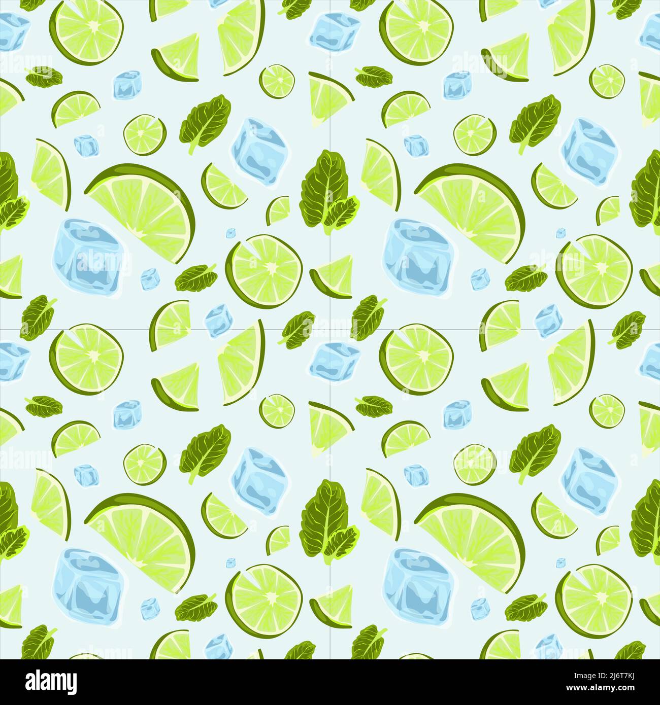 Seamless pattern with lime slices, mint leaves and ice cubes. Vector ...