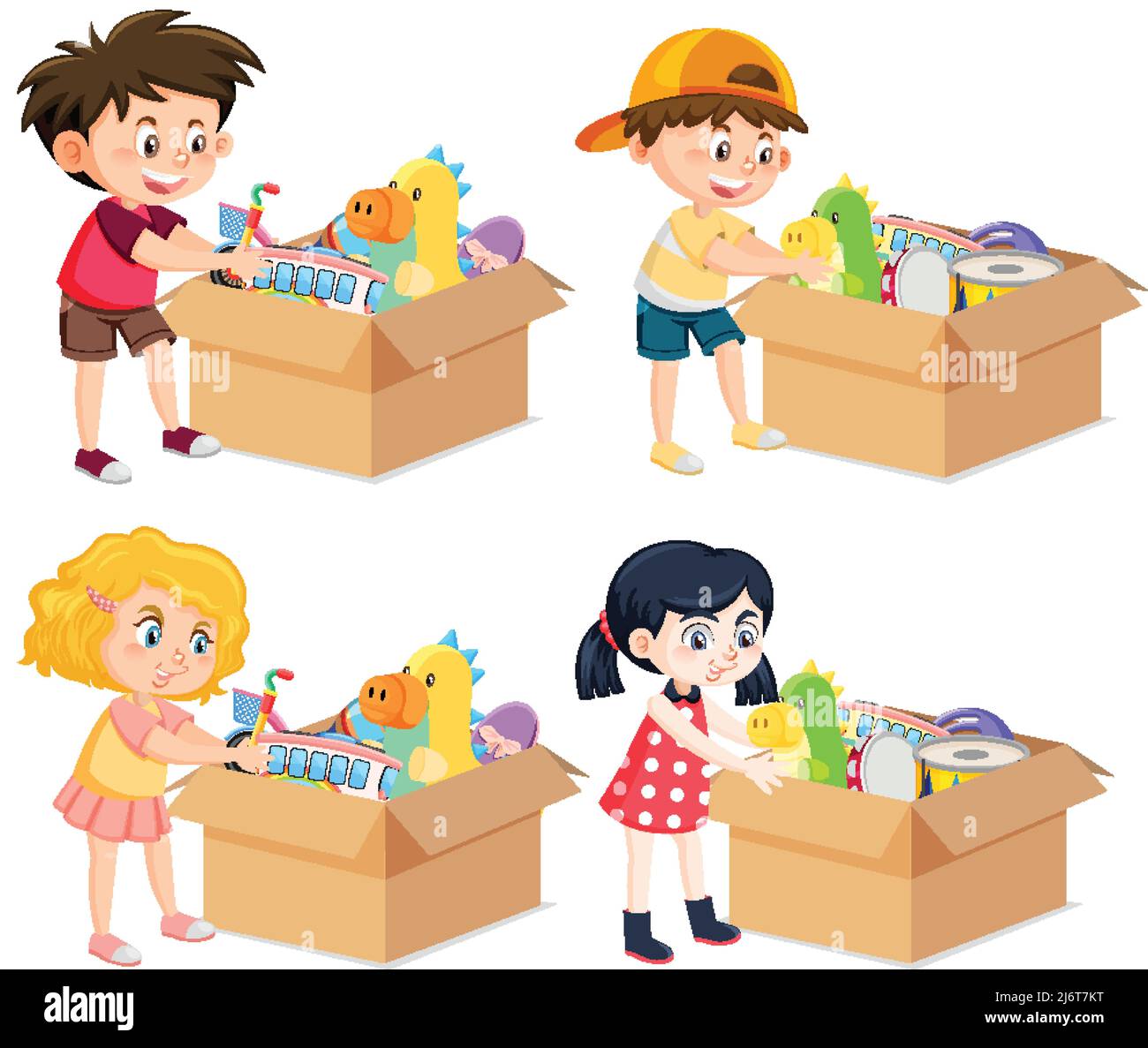 Set of different kids putting their toys in boxes illustration Stock ...