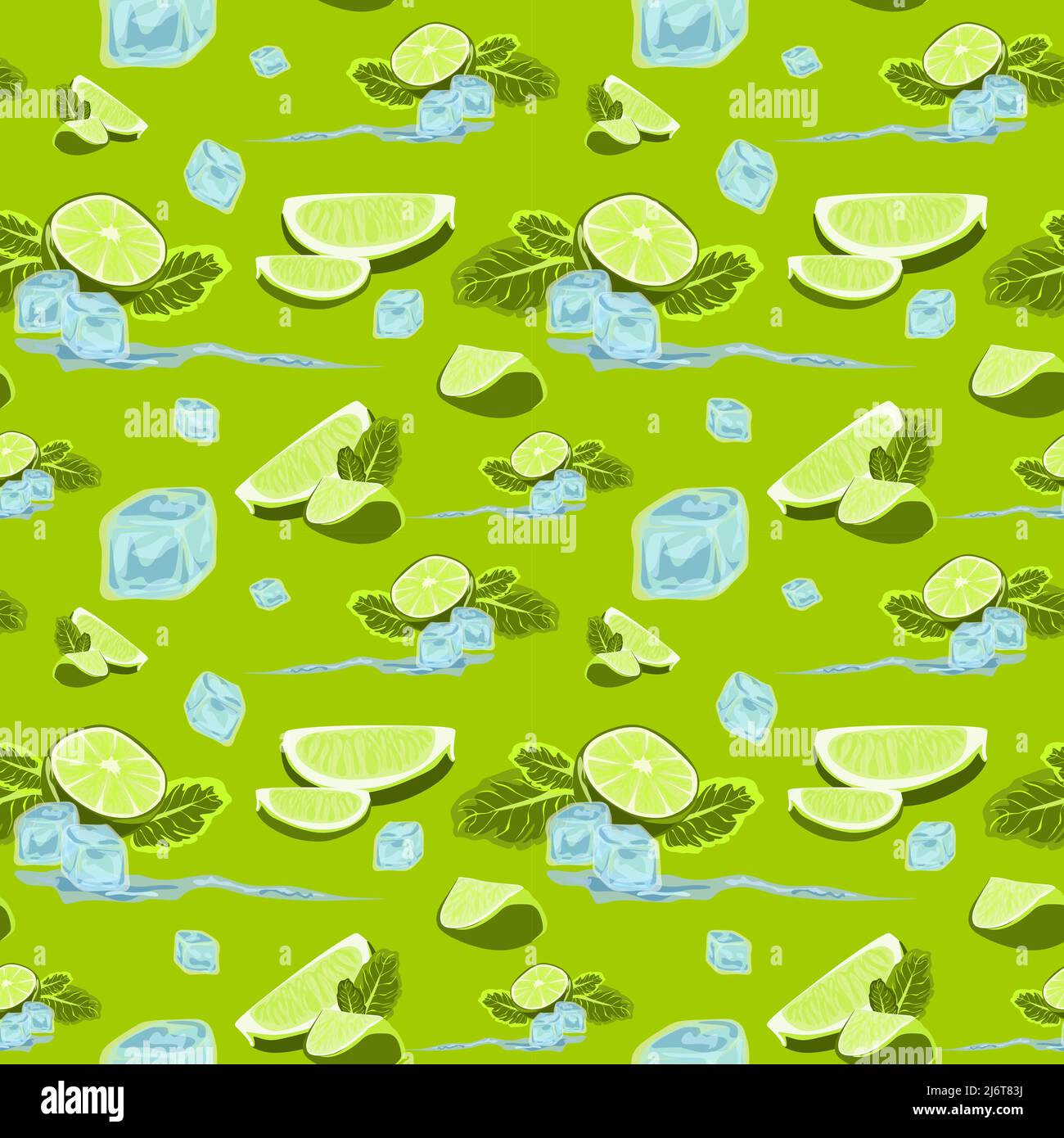 Seamless pattern with lime slices, mint leaves and ice cubes. Vector ...