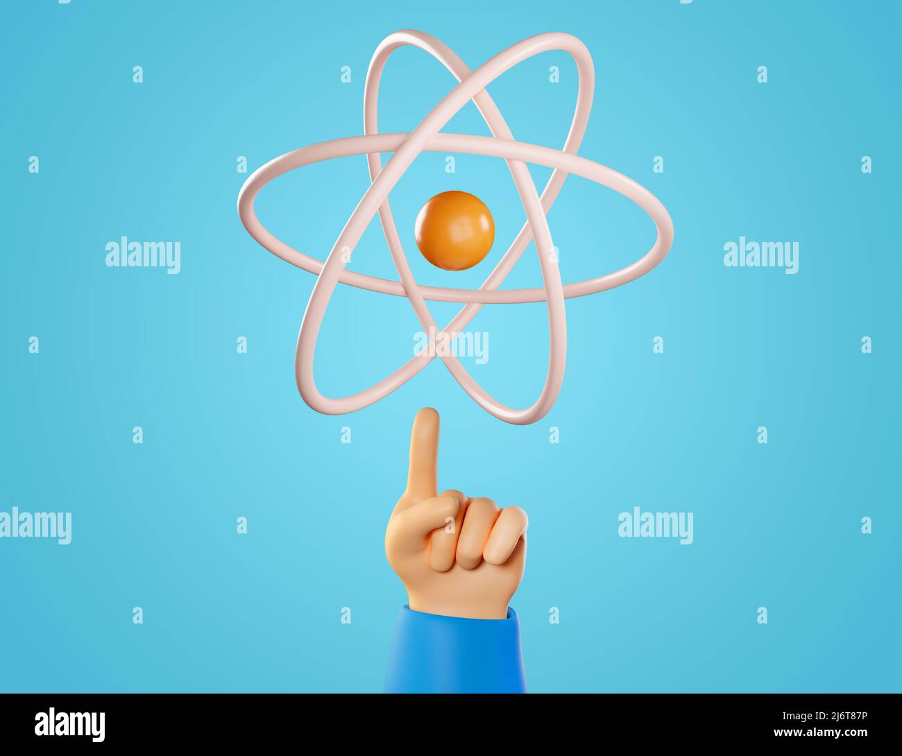 3d atom model with pointing human hand poster. Education icon ...