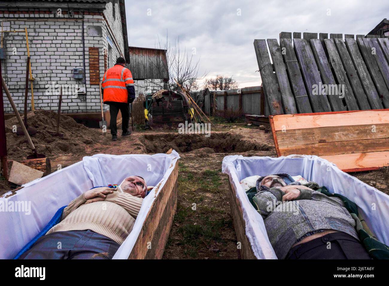 (EDITORS NOTE: Image depicts death)Two corpses are seen in a coffin ...