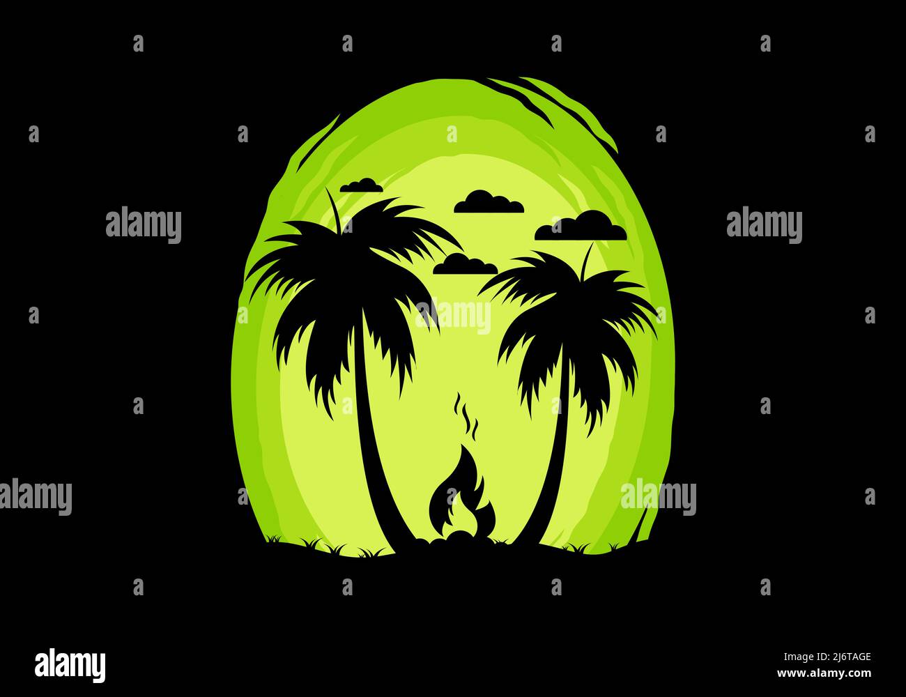 Silhouette of bonfire and coconut trees on the beach illustration Stock ...