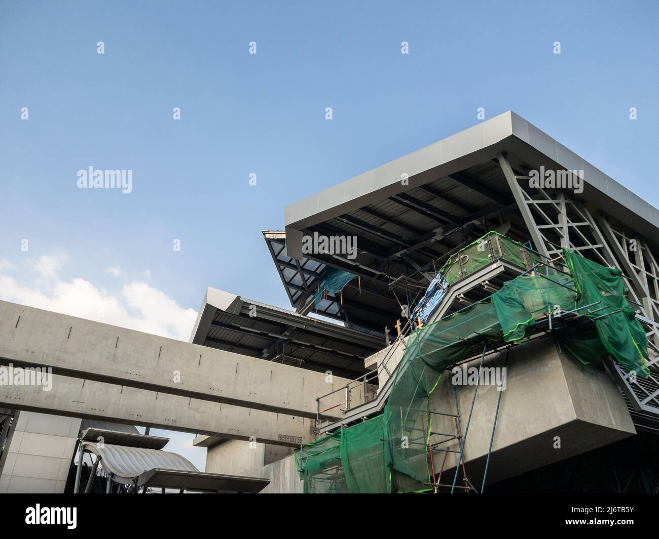 The modern monorail station is under construction near the ...