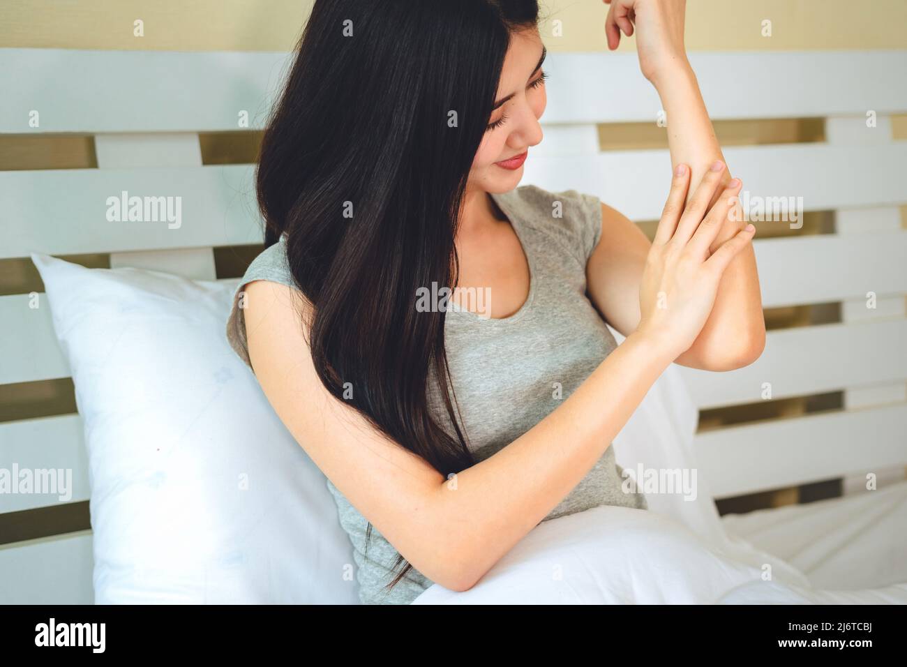 asian woman use lotion hands cream moisture and white moisturize lotion ...