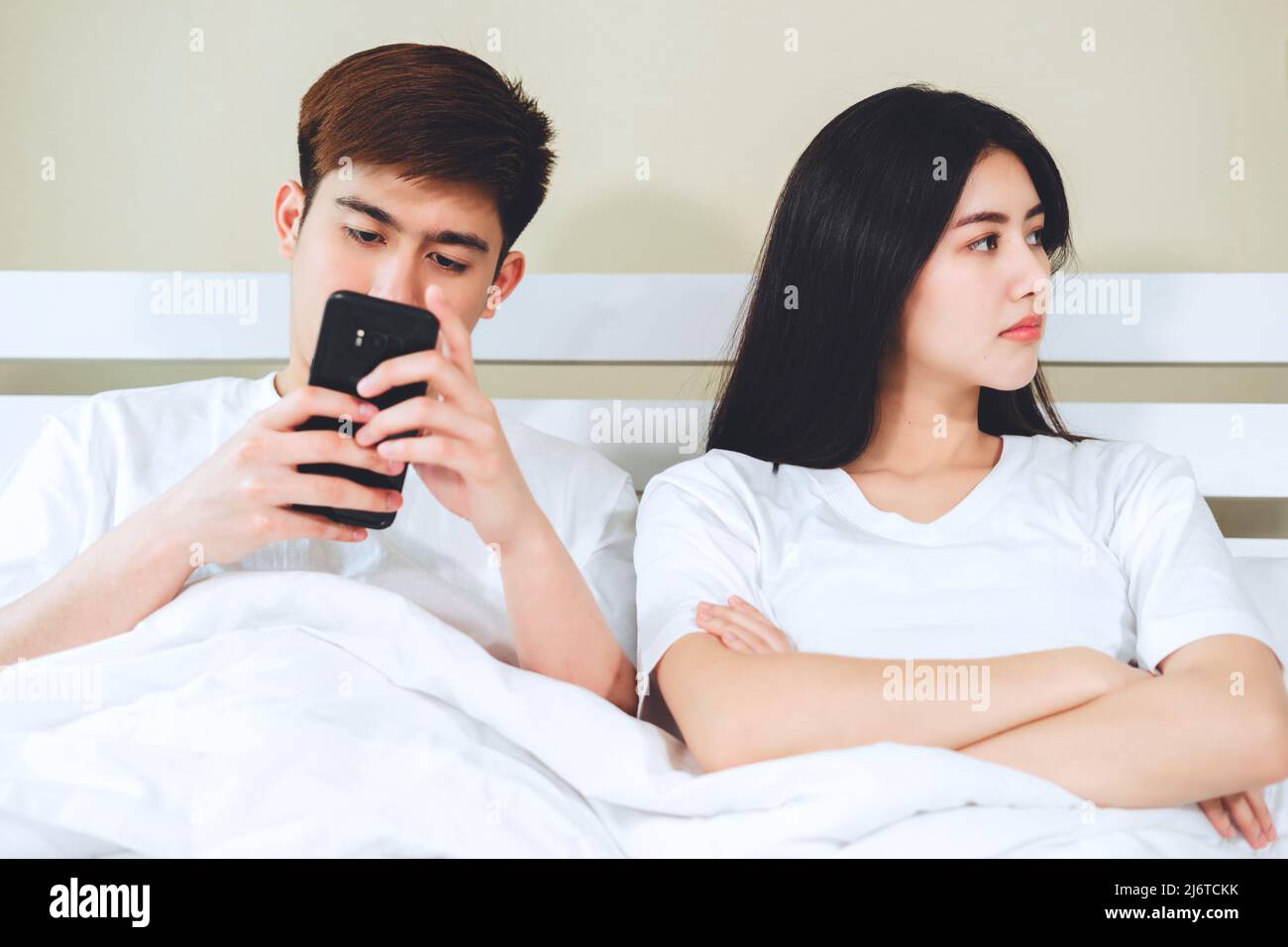 unhappy young asian couple have problems in relationships, boyfriend ...