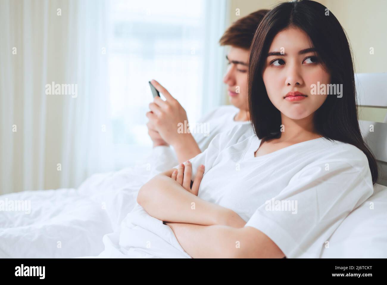 unhappy young asian couple have problems in relationships, boyfriend ...