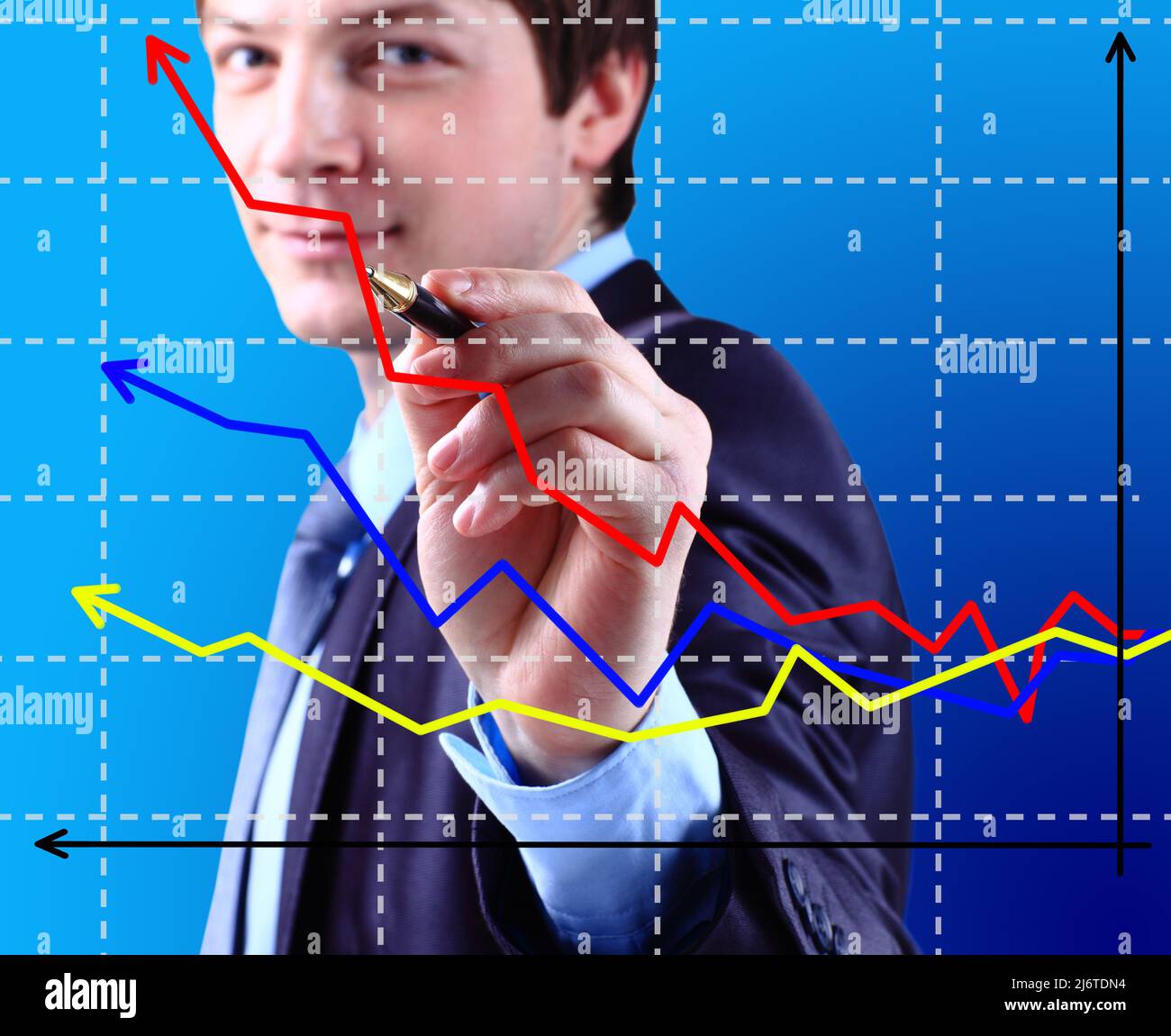 Business Man write graph on transparent digital screen Stock Photo - Alamy