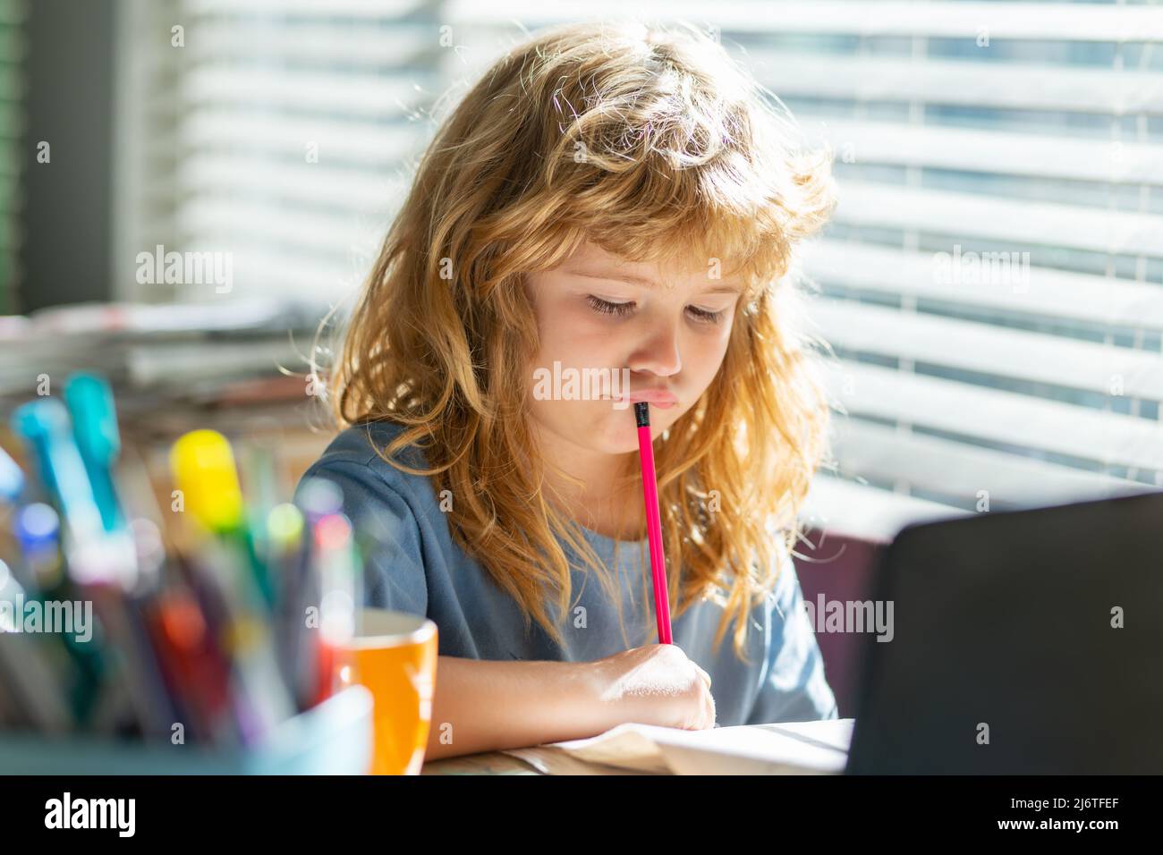 Preteen serious schoolboy doing her homework at home. Child study ...