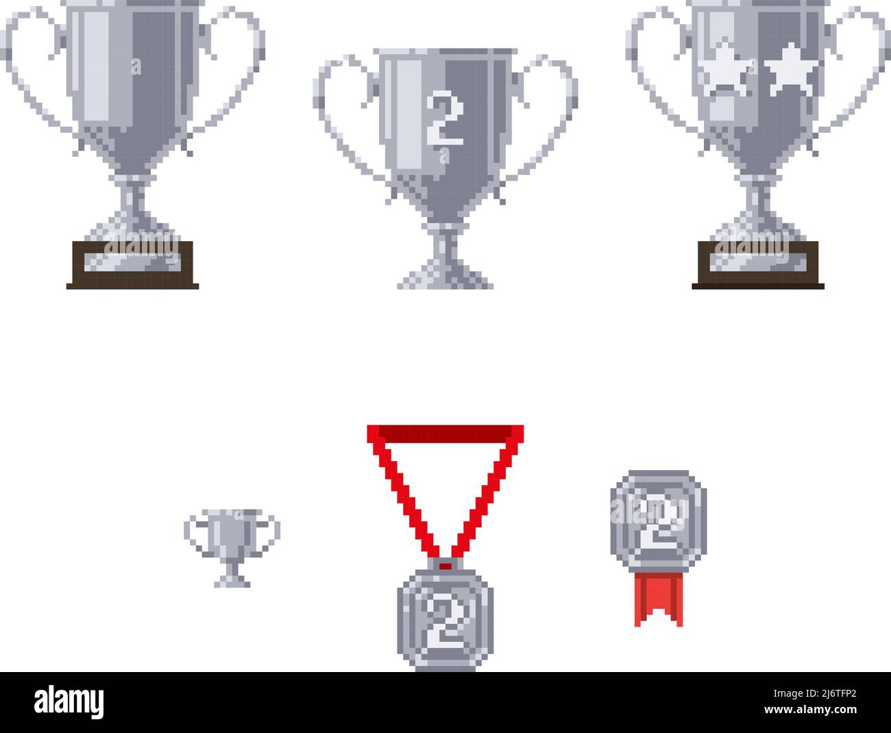 Winner trophy award pixel art icon set, silver goblet and medal for a ...