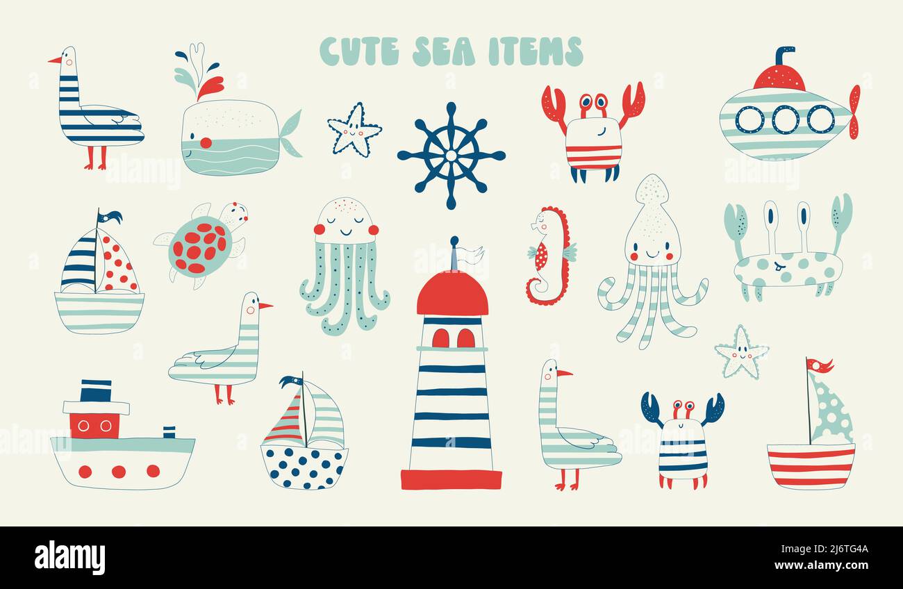 Cute marine items, elements of nature. Summer accessories, set of items ...