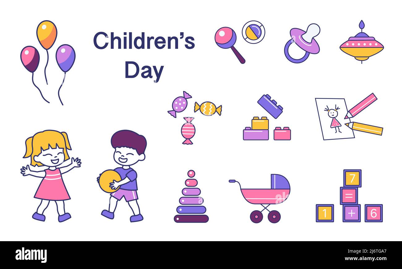 Vector illustration of cartoon childrens day icon set Stock Vector ...