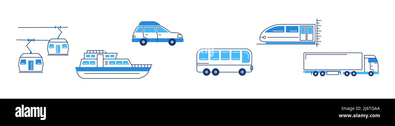 Vector illustration of cartoon modes of transportation on white ...