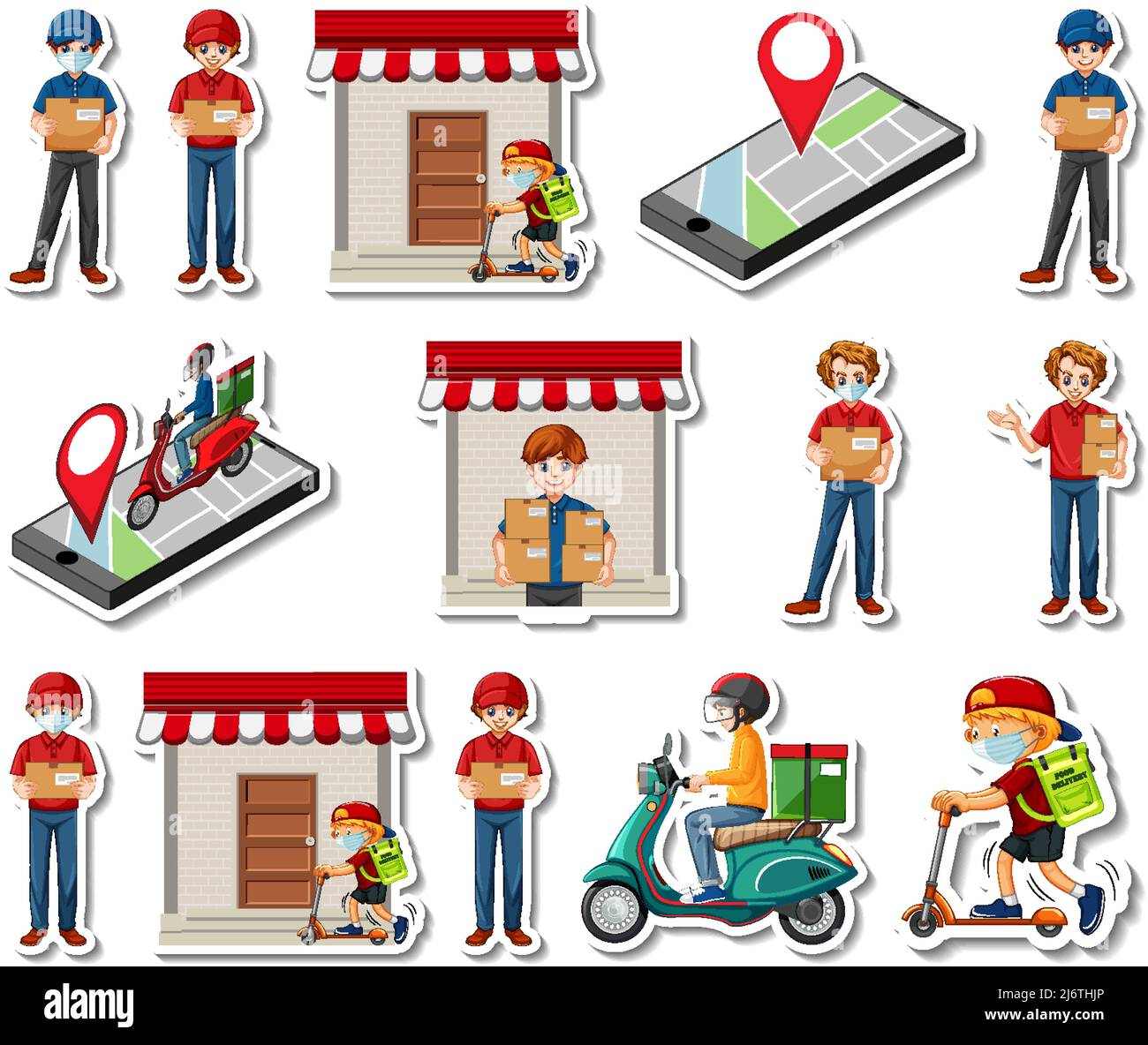Sticker set of delivery objects and cartoon characters illustration ...