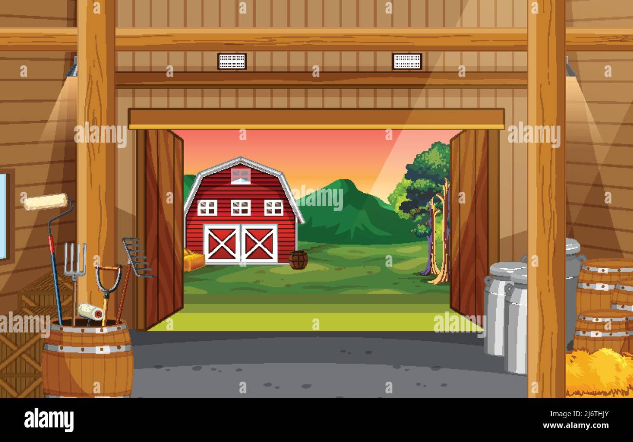 Barn indoor scene with farm animals illustration Stock Vector Image ...