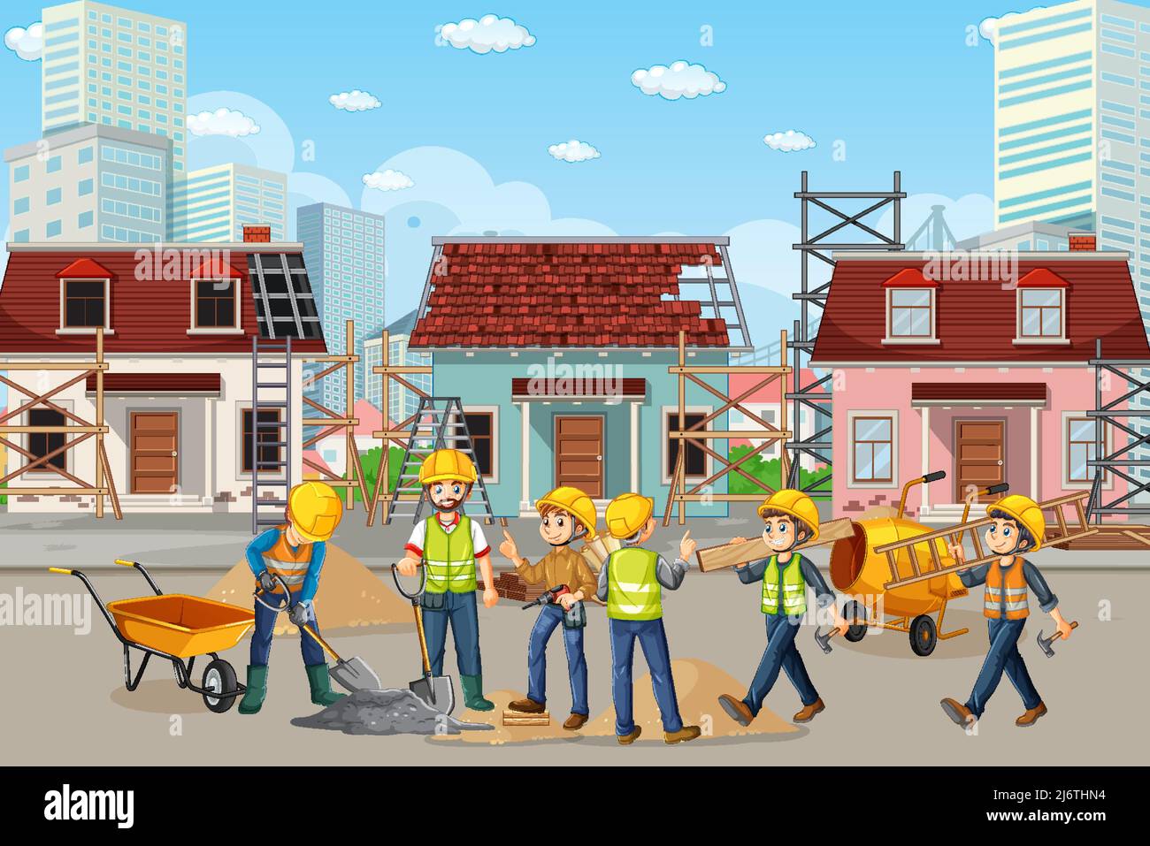 Building construction site with workers illustration Stock Vector Image ...