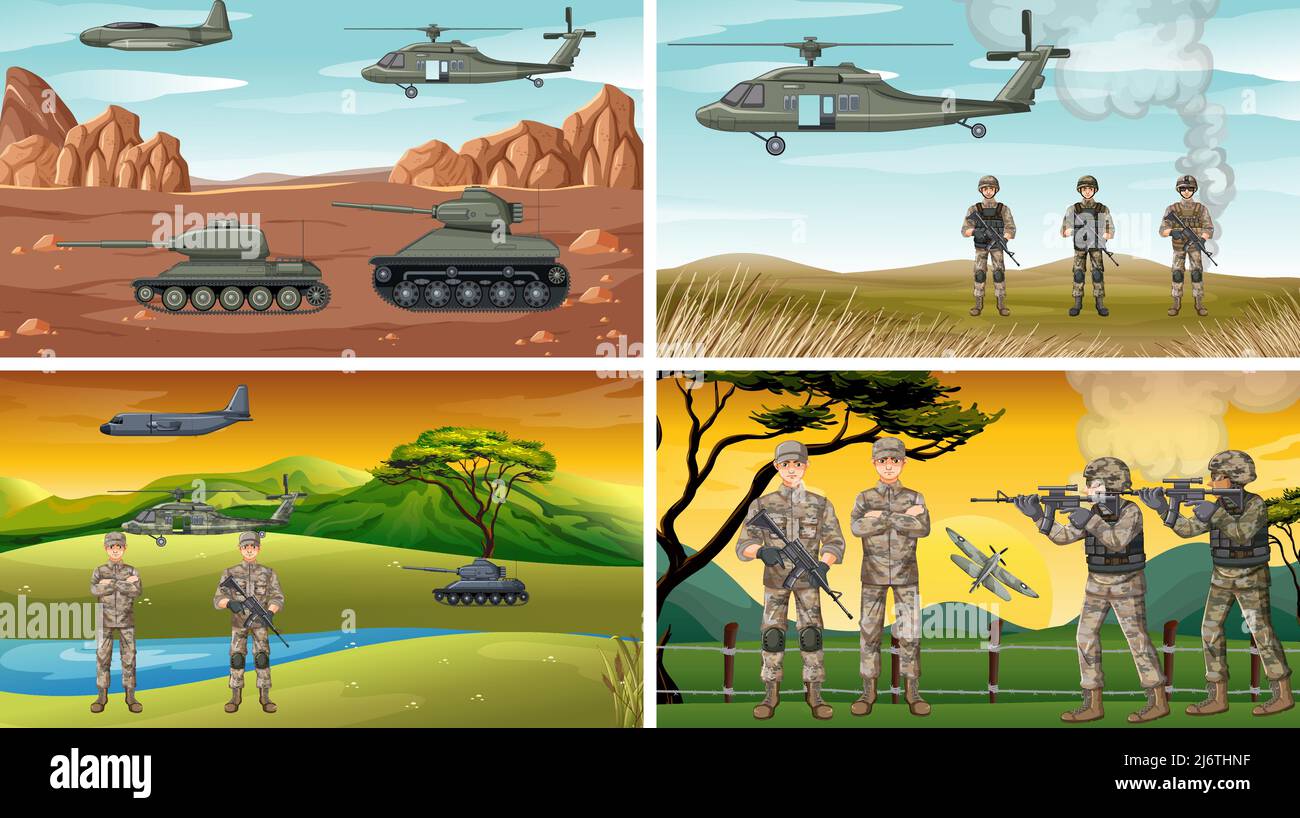 Set of different army war scenes illustration Stock Vector Image & Art ...