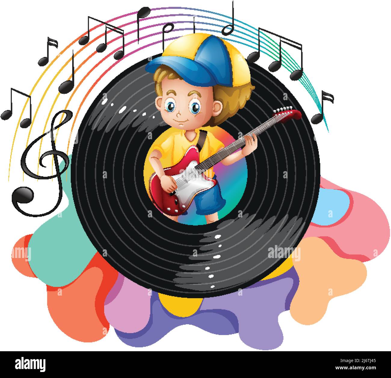 A boy playing guitar and music melody symbols illustration Stock Vector ...