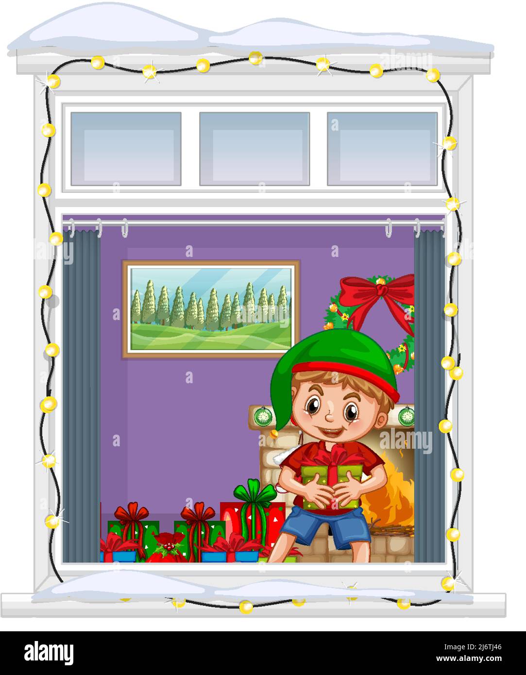 View through the window of cartoon character in Christmas theme ...