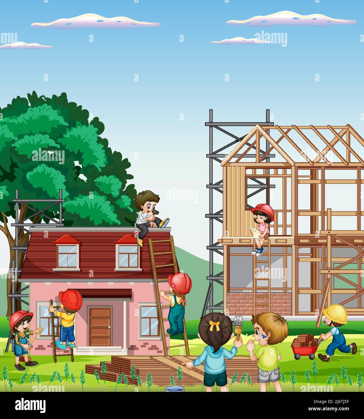 Cartoon scene of building construction site illustration Stock Vector ...