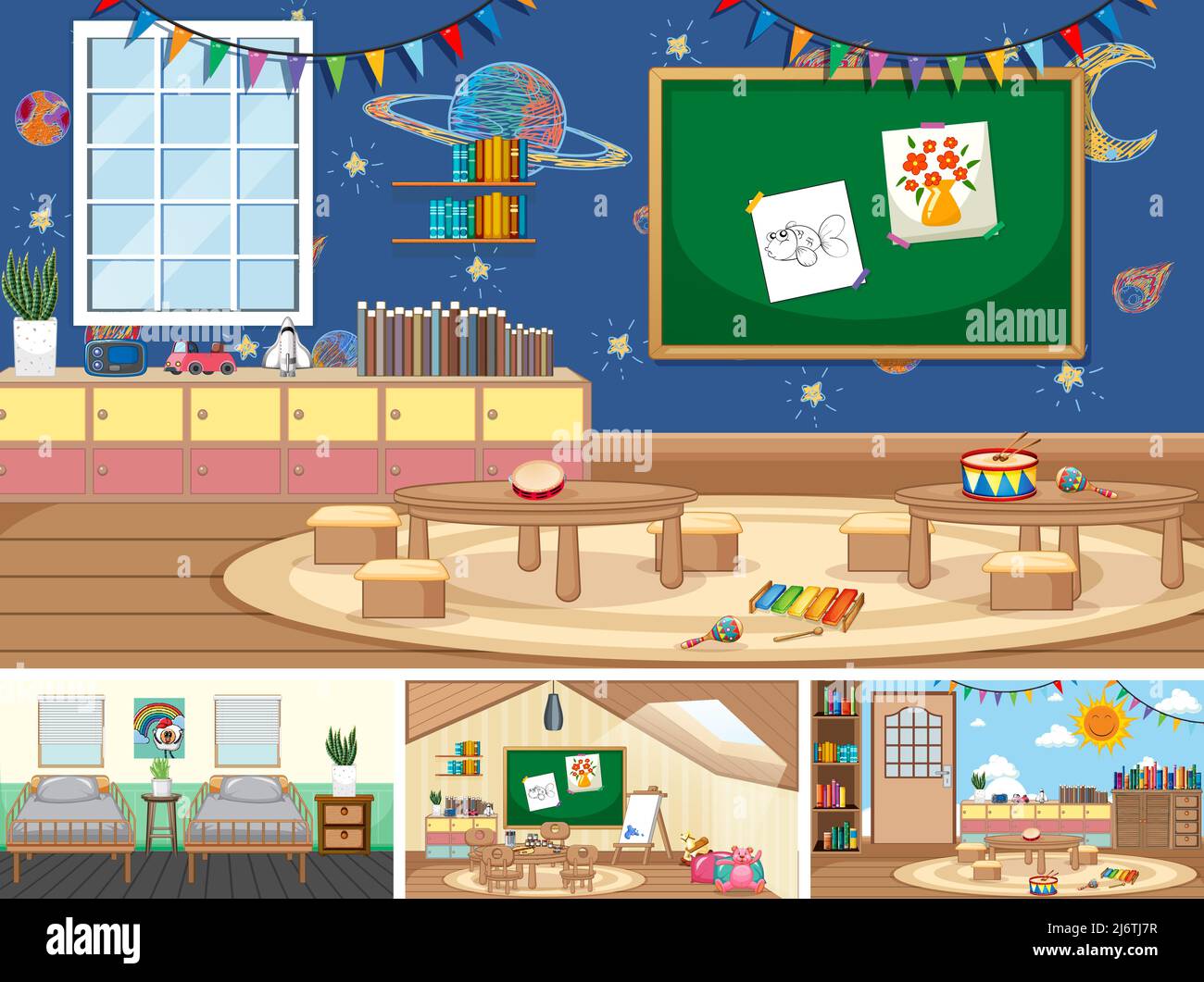 Set of different kindergarten classroom scenes illustration Stock ...