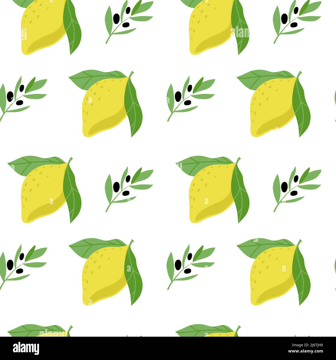 Seamless pattern of lemons and olive sprigs, drawn with doodle elements ...