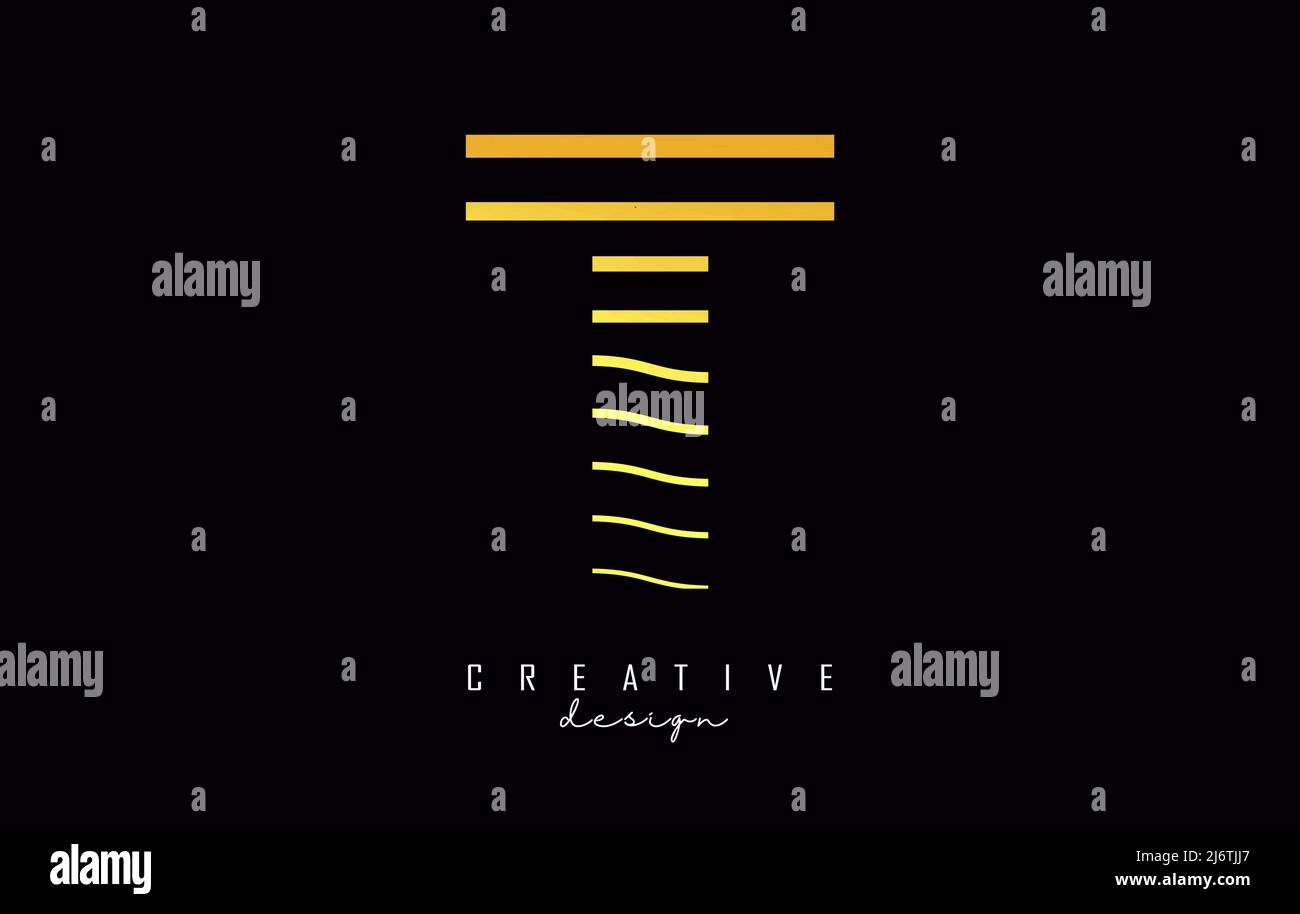 Letter T logo design with golden straight and zig zag lines. Vector ...